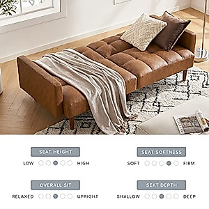 mopio Aaron Couch, Futon Sofa Bed, Sleeper Sofa, Loveseat, Couches for Living Room, Bedroom, Mid Century Modern, Arms Split Back Design 77.5" (Faux Leather, Pecan Brown)