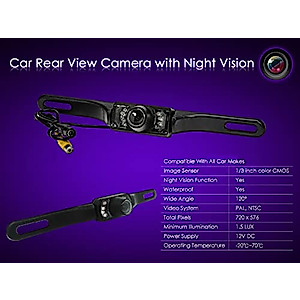 hizpo Car Rear Camera Backup Camera High Definition Color Wide Viewing Angle Universal Waterproof License Plate Backup Camera with 7 Infrared Night Vision LED