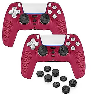 FAMOMI PS5 Controller Skin, Anti-Slip Soft Silicone Protective Cover Case for Playstation 5 Dualsense Controller Grip Accessories, 2 Pack with 8 x Thumb Grip Caps (Cosmic Red)