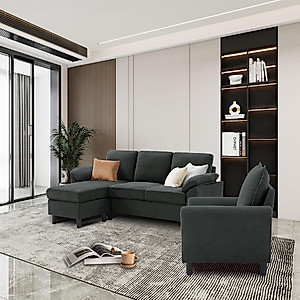 Chireca Sectional Sofa Set of 79.5" Convertible Sofa & Accent Chair, Small L Shaped 3 Seat Couch with Reversible Ottoman, Modern Linen Sofa Couch for Living Room, Office, Apartment, Black