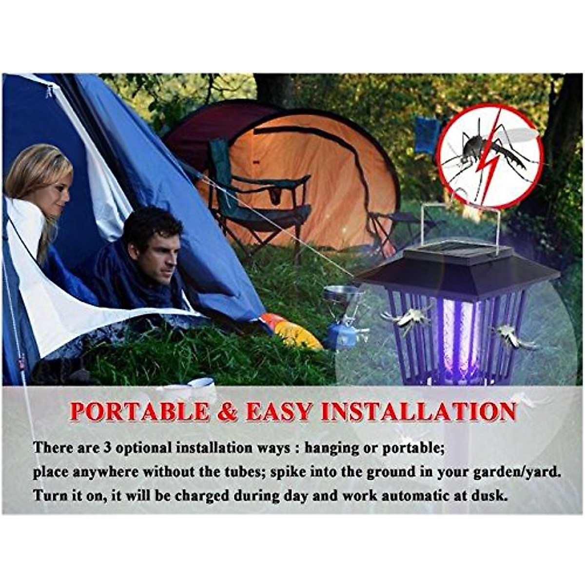 New & Improved Solar Powered Zapper- Enhanced Outdoor Flying Insect Killer- Hang or Stake in the Ground- Cordless Garden Lamp- Portable LED Machine- Best Stinger for Mosquitoes/ Moths/ Flies (Black)