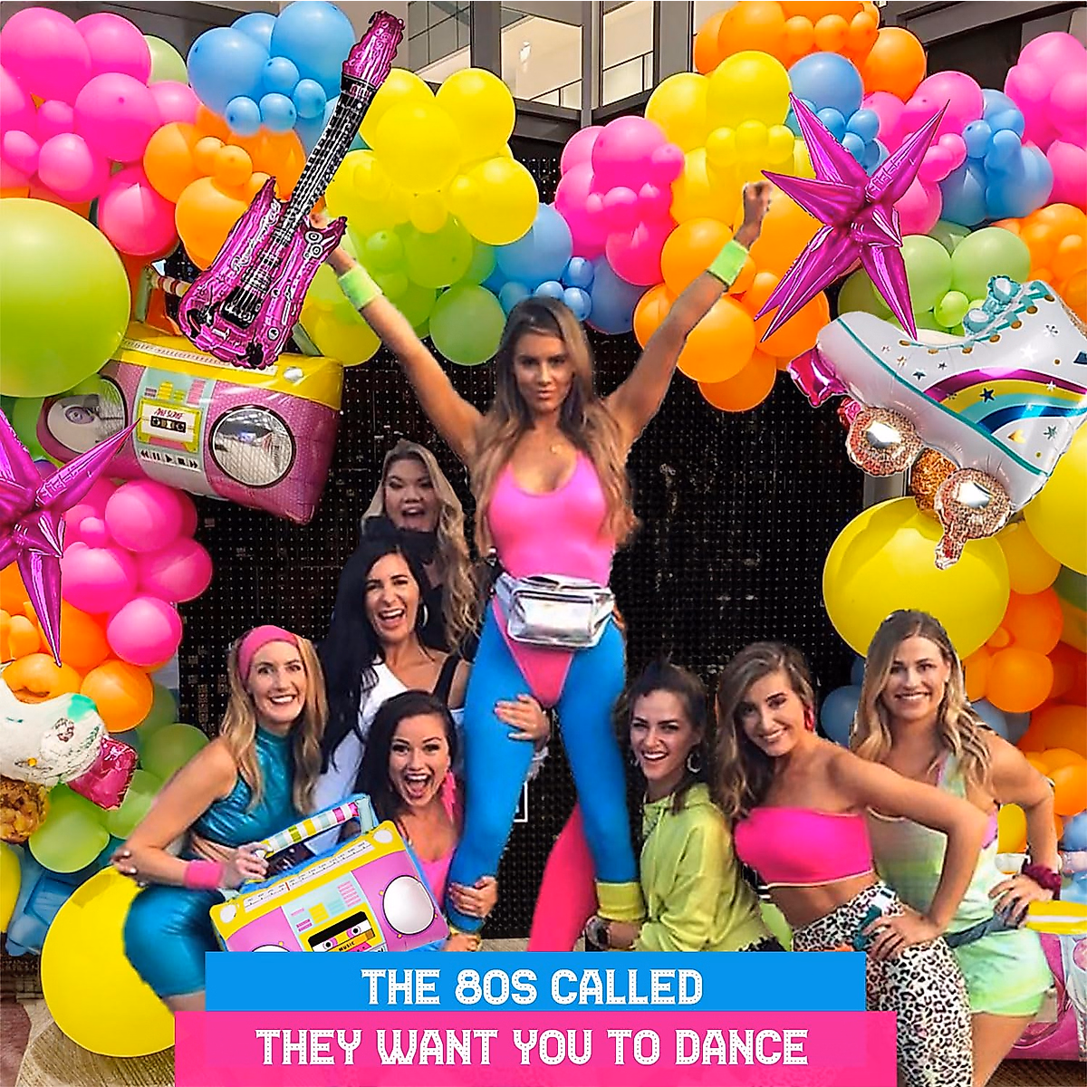 80S Music Themeballoon garland arch kit 150pcs hot pink blue green with guitar disco ball star mylar balloon for back to 80s 90s retro disco Birthday party graduation decorations