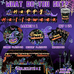 170PC Halloween Party Plates Supplies Kit Glow in The Dark Party Decorations Tableware Set with Disposable Plates,Napkins,Cups,Birthday flag and Touchdown Tablecloth for Holiday Party,Serves 24 Multi