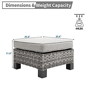 LebenLiebe Outdoor Patio Ottomanr Wicker Ottomans for Patio 2 Pieces Rattan Ottoman All-Weather Square Outdoor Footstool Footrest with Grey Cushions