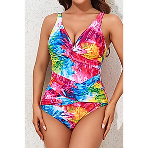 Smismivo Tummy Control Swimsuits for Women Slimming One Piece Bathing Suit Modest Padded Ruched Push Up Long Torso Curvy Shapewear V Neck Criss Cross Swimming Full Coverage Swimwear (Color Tie Dye)
