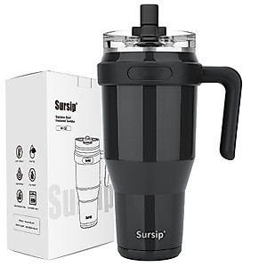 Sursip 40oz Insulated Tumbler with Handle and Flip Straw,Stainless Steel Travel Mug 2 in 1 Straw Lid-Leak Proof Keeps Drinks Cold for 24 Hours-Sweat Proof,Fit in Cup Holder-Black
