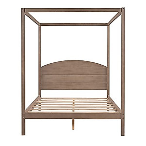 Canopy Bed Frame Full Wood 4-Poster Panel Beds Modern Full Size Platform Bed with Headboard, No Box Spring Needed, Brown Wash