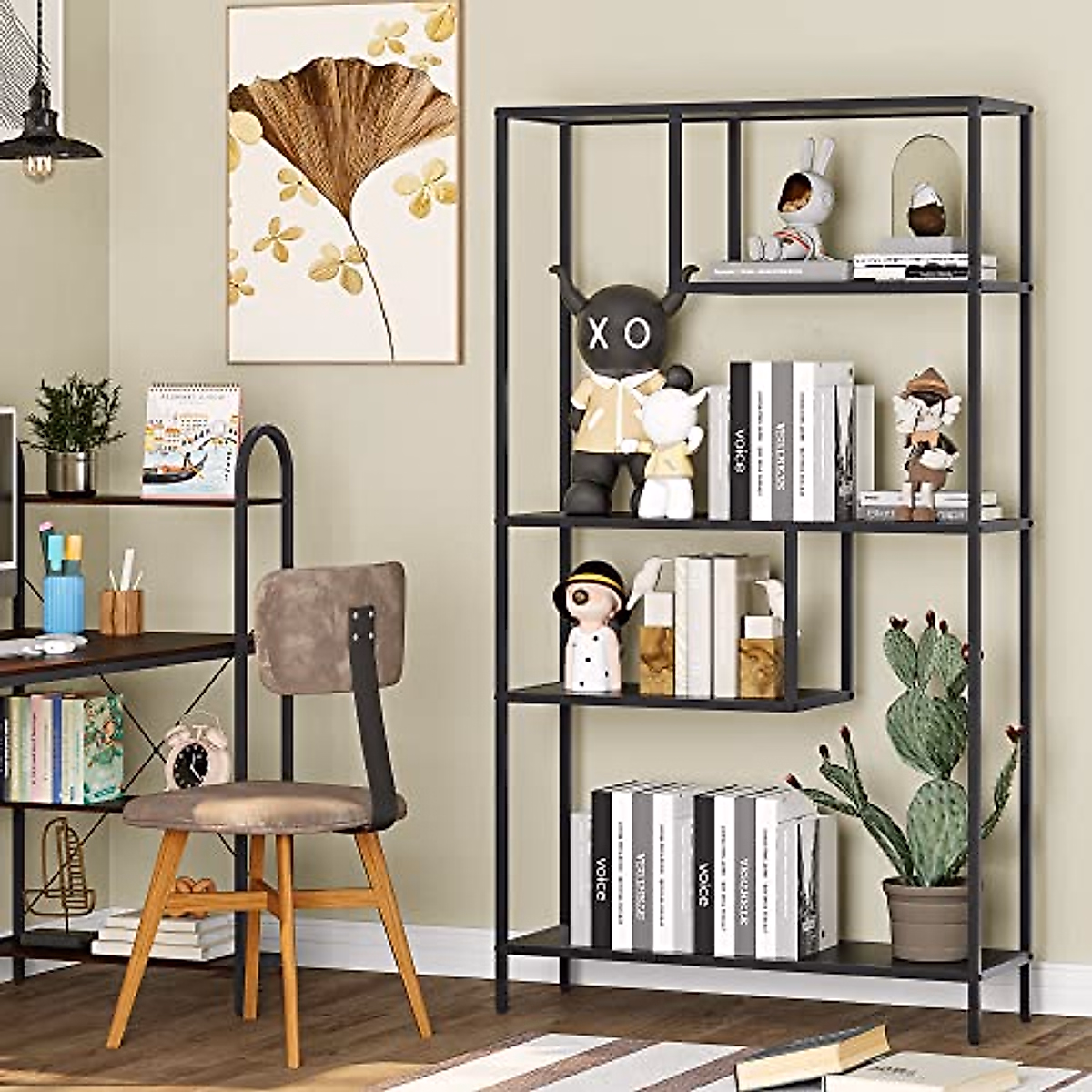 HOME BI Bookshelf,4 Tier Metal Frame Bookcase, Tall Book Shelf,Open Display Shelves for Office, Study Room, Living Room,Black 13" D x 39.37" W x 70.08" H