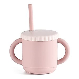 Veskaoty Silicone Cups with Lids, Straws and Handles for Toddlers and Babies. Spill Proof, Non-Slip, Unbreakable Training Cups for Little Kids, 10 oz (Pink)