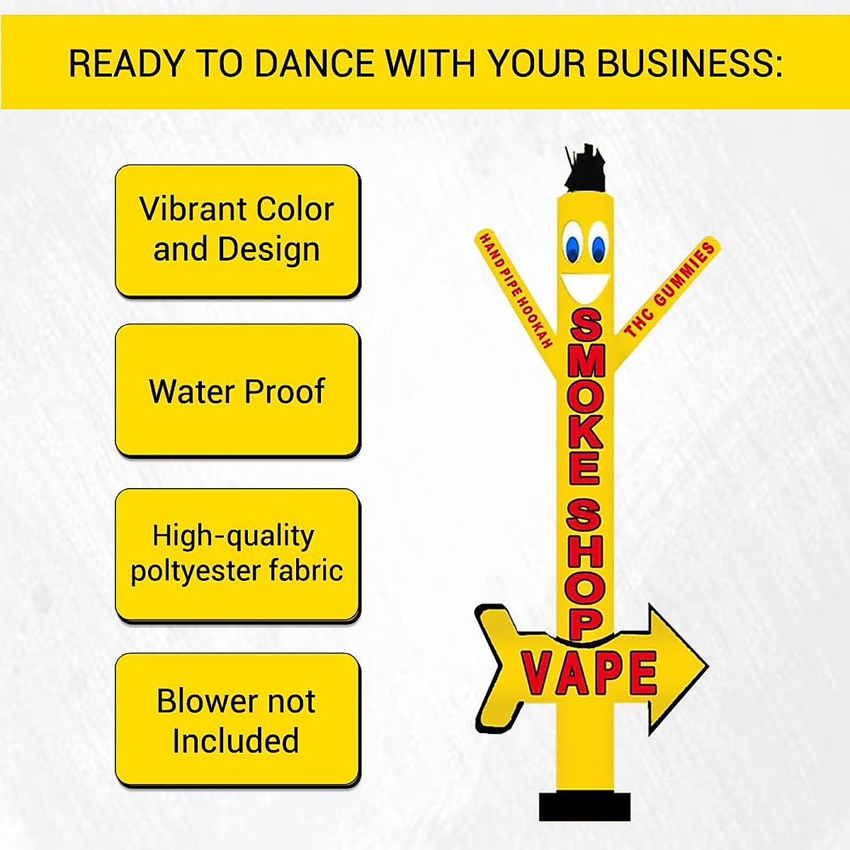 20ft Vape Smoke Shop Air Inflatable Tube Man Dancer with Arrow | Eye-Catching Hookah Hand Pipes Sky Wacky Waving Ultimate Brand Visibility | Both Side Printed Yellow | Cmpt. 18-inch (Without Blowers)