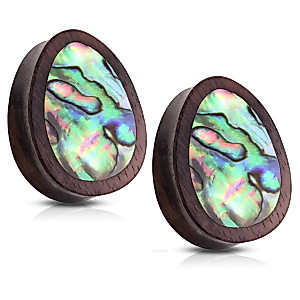 Pierced Owl Abalone Inlaid Sono Wood Tear Drop Saddle Plugs, Sold as a Pair (25mm (1"))