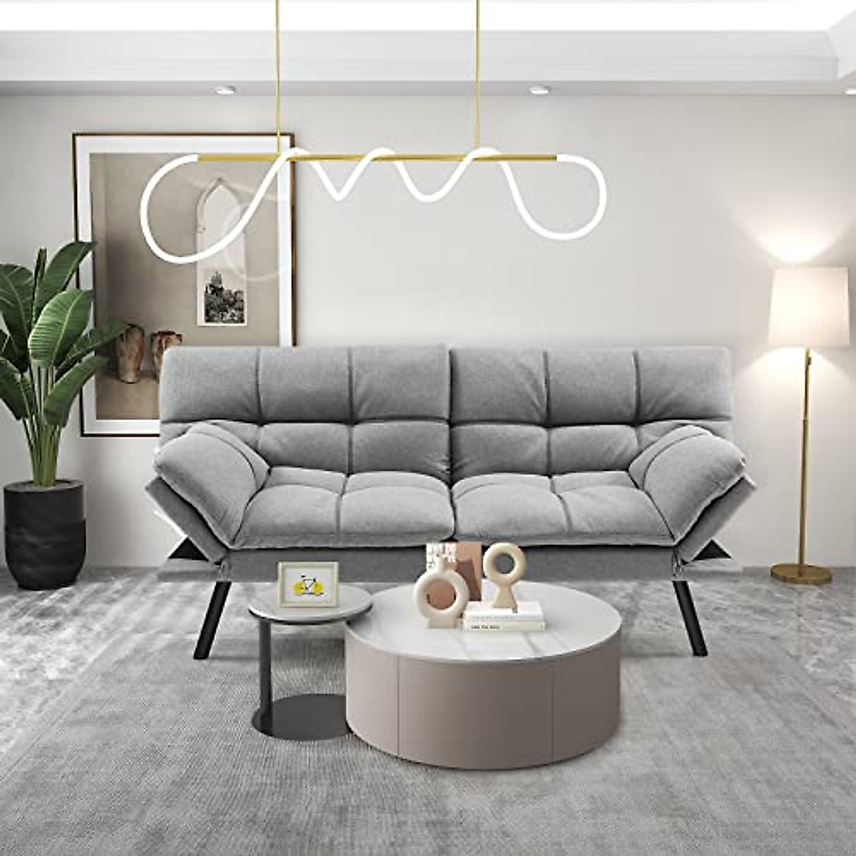 KOMFOTT Futon Sofa Bed, Linen Fabric Memory Foam Convertible Futon Couch with Adjustable Backrest & Armrests, Metal Legs, Modern Loveseat Sleeper Bed Split-Back Sofa for Small Apartment & Office
