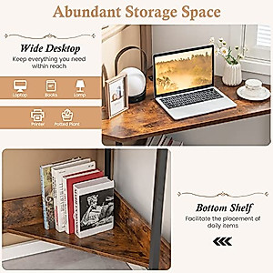 GOFLAME Corner Desk with Power Outlet, Triangle Computer Desk for Small Space, Space-Saving Writing Desk with Storage Shelf and Charging Station, Modern Laptop PC Desk for Home Office (Rustic Brown)