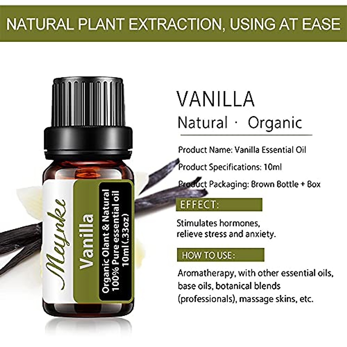 Vanilla Essential Oil Organic Olant & Natural 100% Pure Vanilla Oil - Perfect for Diffuser, Humidifier, Massage, Skin & Hair Care-10ml