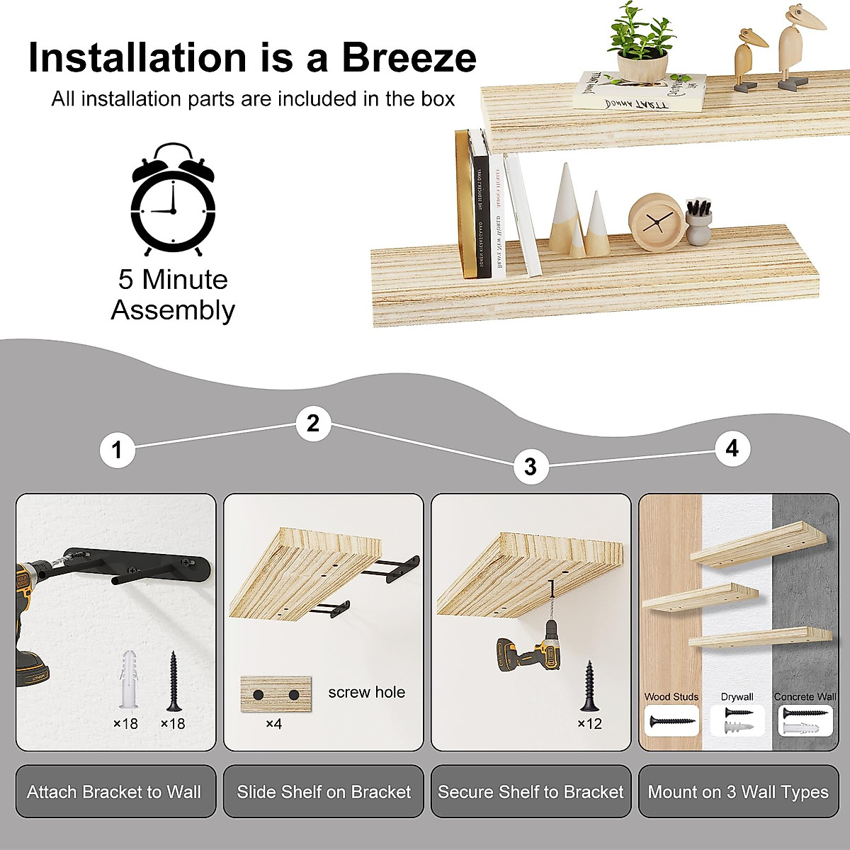 BOFIRE Wall Shelves, Floating Shelves for Wall, Wall Mounted Wood Shelves for Bedroom Laundry Living Room, Solid Wood Display Shelves Decor (Wood, 17 Inches)