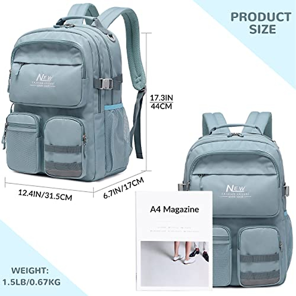 El-fmly Big School Backpack Bookbag for Teen Students, Multi Pockets Water Resistant Casual Daypack with 15.6 inch Laptop pocket for Travel (Grey Blue)