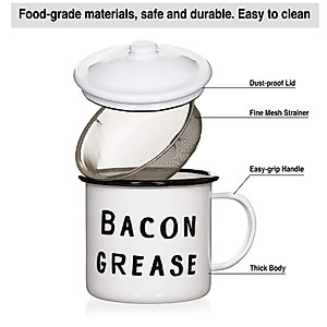 Bacon Grease Container with strainer - rustic mid-century modern farmhouse design, white enamel on metal, 4 inch x 4 inch vintage enamelware with lid (Black)
