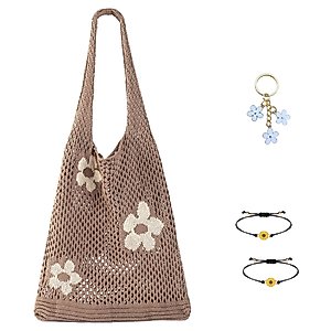 Cute Crochet Tote Bag With Mesh, Perfect For Beach & Pool - Includes 1 Flower KeyChain and 2 Sunflower Bracelets - Women's Accessory