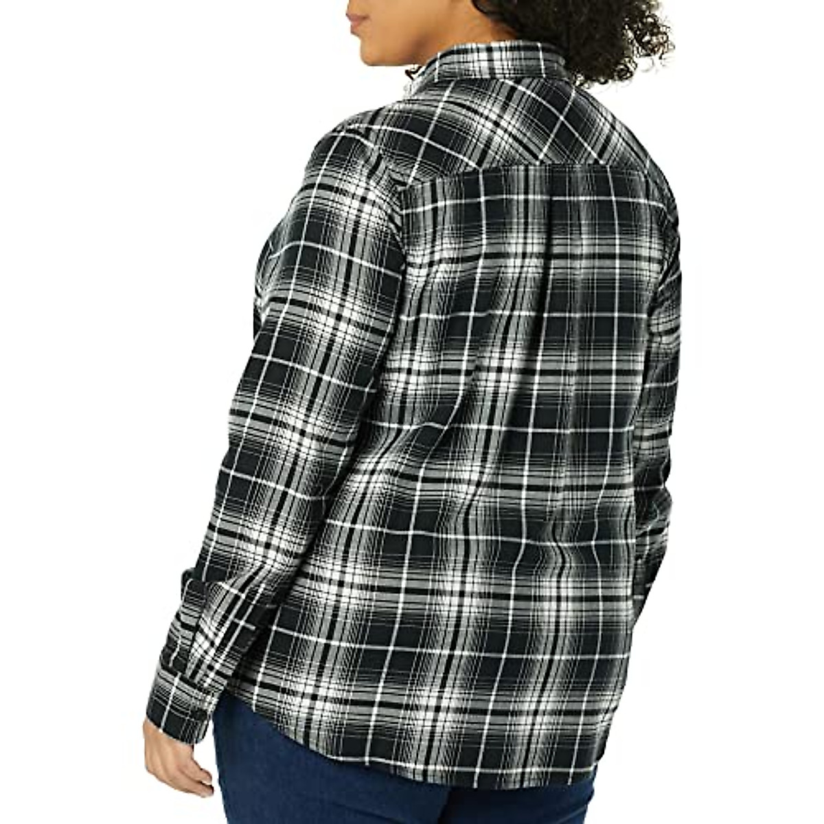 Amazon Essentials Women's Classic-Fit Long-Sleeve Lightweight Plaid Flannel Shirt, Black White Large Plaid, Large