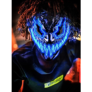 Quanquer LED Light Up Mask for Adults Kids, Unique Neon Glow Masks with Dark and Evil Glowing Eyes, Conspicuous Menacingly Cool Halloween Costume for Men Women Cosplay-Blue