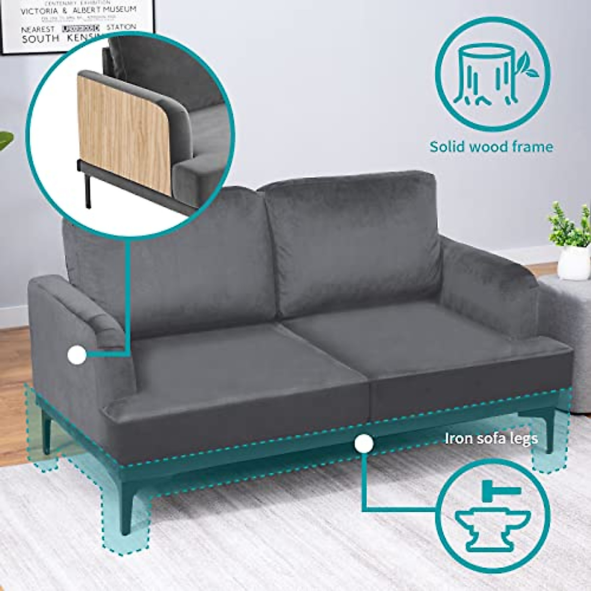 BALUS 52.76" W Velvet Sofa Couch/Mid Century Modern Loveseat Couches for Living Room&Upholstered Small Couch for Small Spaces/Bedroom/Apartment/Easy Assembly(Loveseat,Velvet Grey)
