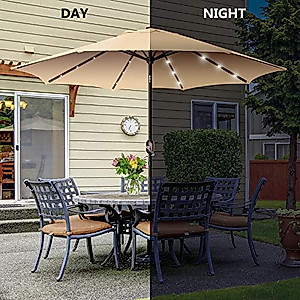 Funsite 9ft Patio Umbrella with Solar Lights, Outdoor Umbrella with 24 LED Solar Umbrella Lights, Solar Patio Umbrella with Push Botton Tilt & Crank Ideal for Garden, Deck, Backyard & Pool, Brown