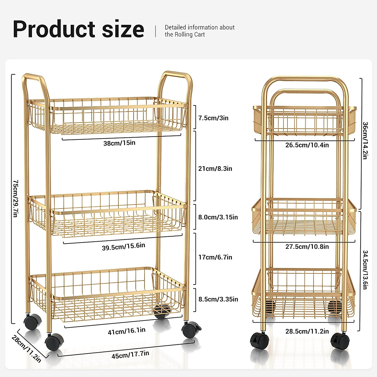 MNOPQ 3 Tier Rolling Utility Cart, Storage Trolley Service Cart with Wheels Easy Assembly for Kitchen, Living Room, Office, Salon, Gold