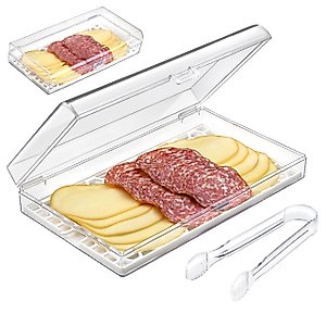 GlossyEnd Deli Meat and Cheese Storage Container with Tong, Bacon Storage Container with Perforated Tray for Freshness, Clear Durable Plastic - Dishwasher and Freezer Safe - Size: 11” x 6.5” x 2”