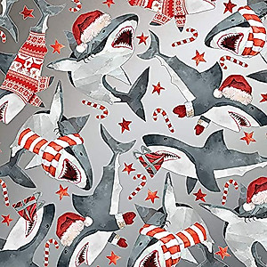 REVEL & Co Christmas Sharks FOLDED Wrapping Paper, Festive Great White Sharks with Santa Hats, 10 Feet Long Folded Boy's Christmas Giftwrap