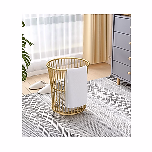 Rolling Laundry Hamper with Wheels,Metal Cart Basket Clothes Storage Organization Bin for Living Room,Bathroom,Bedroom or Kids Bedroom,Gold