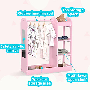 67i Kids Dress up Storage with Mirror Kids Play Armoire Open Hanging Armoire Closet Storage Closet Dresser Pretend Costume Dresser Organizer Center for Little Girls Bedroom (Pink)
