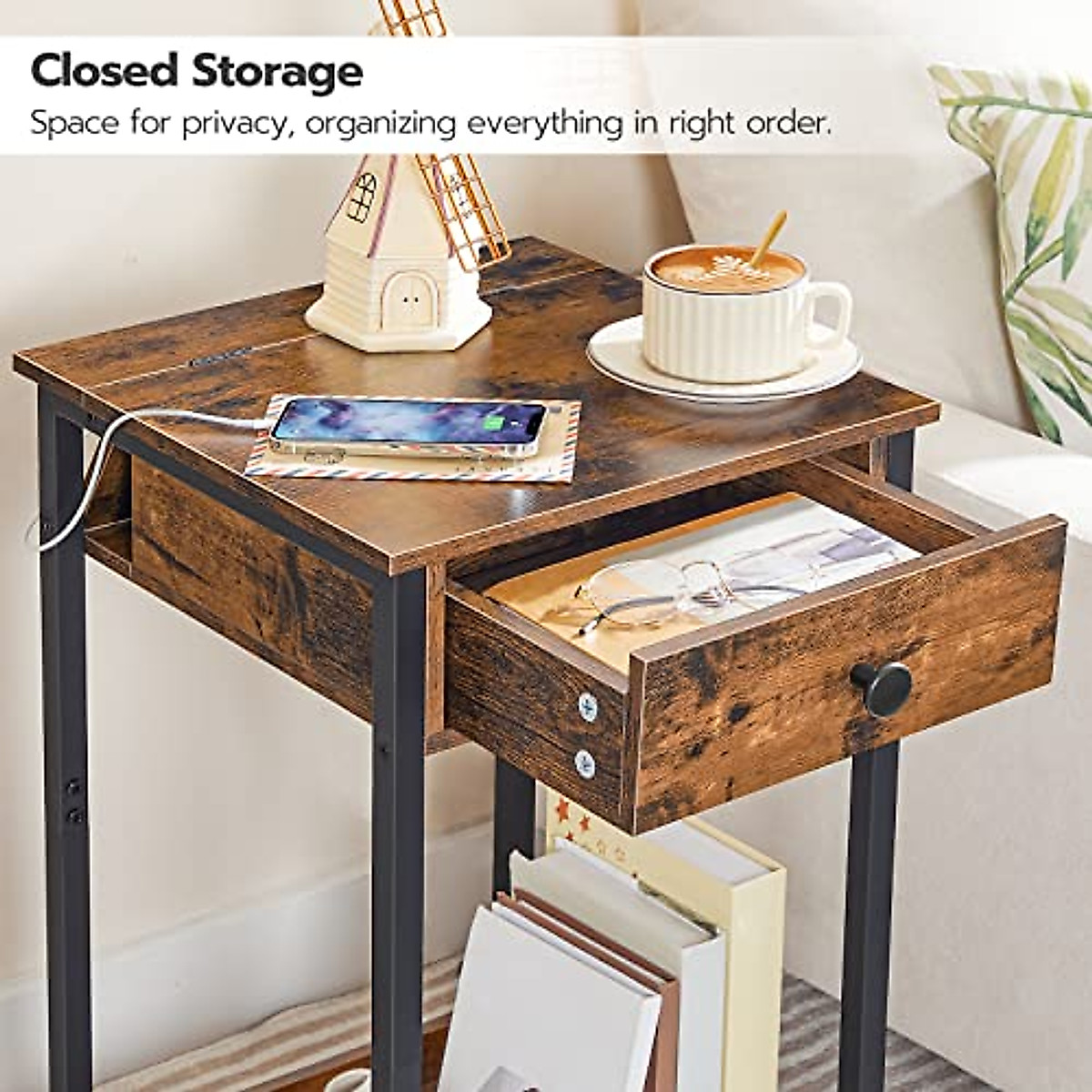 HOOBRO Nightstand with Charging Station, Tall Side Table, End Table with Drawer and Storage Shelf, Industrial End Telephone Table, for Study, Bedroom, Space Saving, Rustic Brown and Black BF71UBZ01