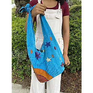 Elements of Nature Bohemian Hand-Stitched Hippie Hippy Shoulder Crossbody Monk Handbag in Blue Large