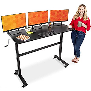 Stand Steady Tranzendesk | 55 Inch Standing Desk with Attachable Wheels| Easy Crank Height Adjustable Sit to Stand Workstation | Modern Ergonomic Desk Supports 3 Monitors (55 / Black)