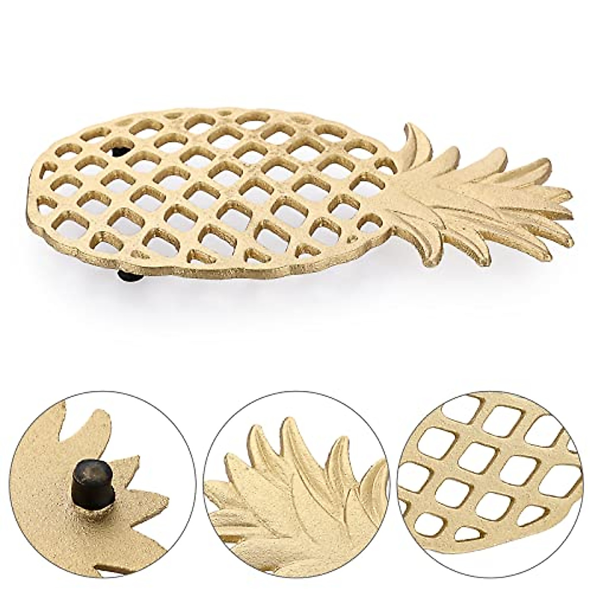 BTSKY 2 Pack 8.5x5.2 Inch Cast Iron Trivets for Hot Dishes, Rustproof Pineapple Gold Metal Hot Pot Pads Decorative Hot Plate Trivets for Kitchen Countertop Dining Table with Rubber Pegs