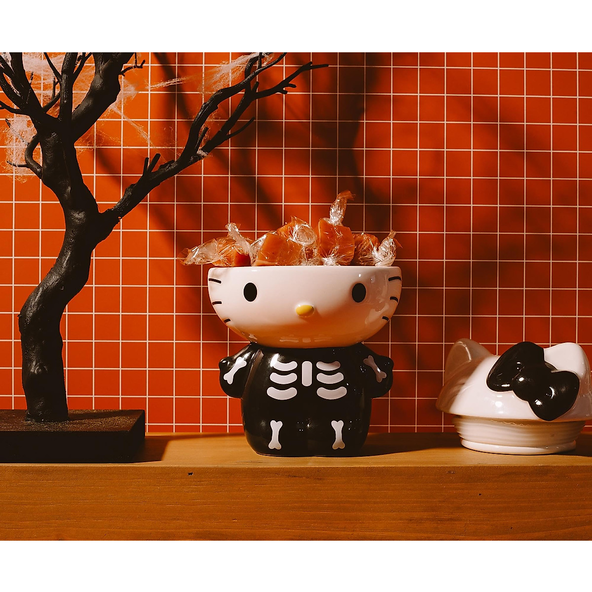 Sanrio Hello Kitty Skeleton Small Ceramic Snack Jar Container With Lid | Storage For Kick-Knacks | 6 Inches Tall