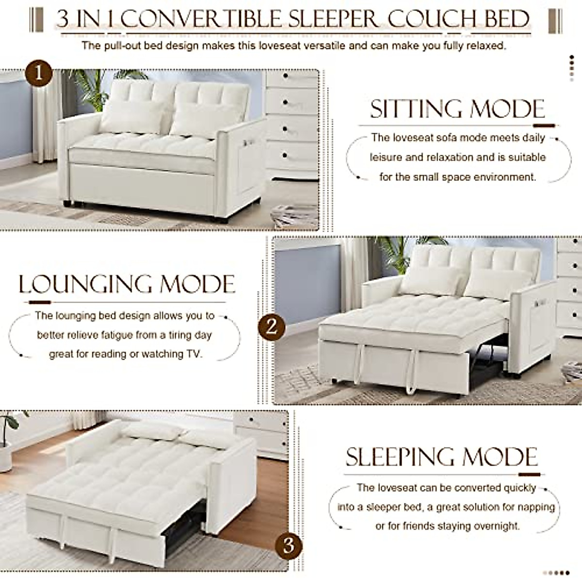 Velvet Pull Out Sleeper Sofa Bed, Convertible Futon Couch Bed with Adjustable Backrests, 3 in 1 Modern Loveseat with 2 Pockets and Pillows, Small Love Seat for Living Room, Guest Room, Off White