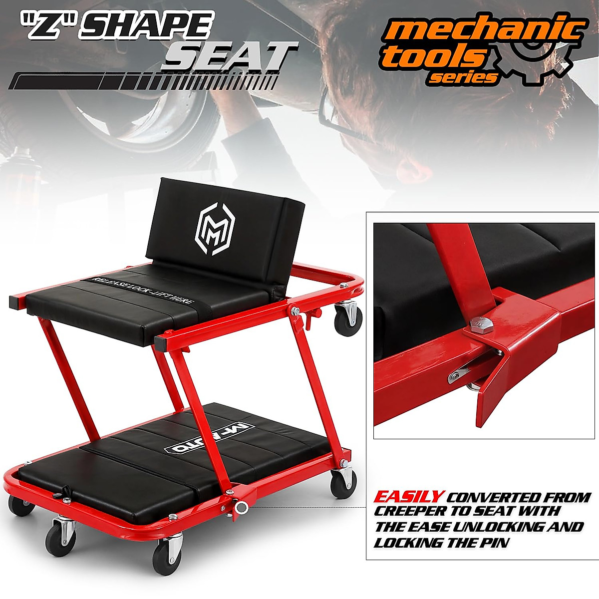 M-AUTO Heavy-Duty Convertible Mechanic Creeper, Z-Creeper 2-in-1 Creeper and Seat 48" Padded Adjustable Headrest Roller Garage Chair with 7 Swivel Casters for Washing, Detailing, Maintenance, Red