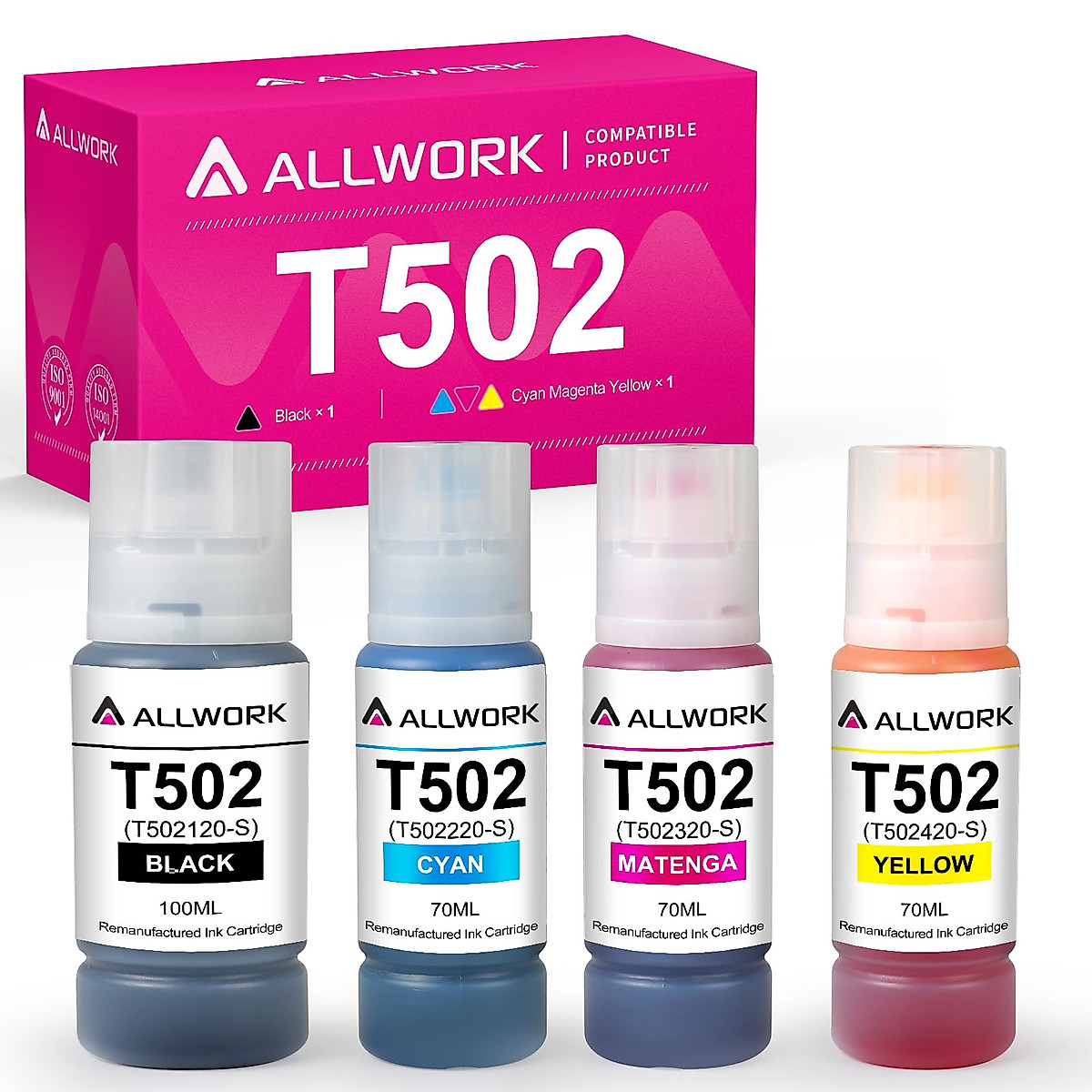 ALLWORK 4pk Compatible T502 Ink Bottle Refill Regular Ink Replacement for Epson 502 T502 for ET-15000 ET-2700 ET-2720 ET-2750 ET-2760 ET-3750 ET-3760 ET-4700 ET-4750 ET-4760 ET-7700 ET-7750 Printer