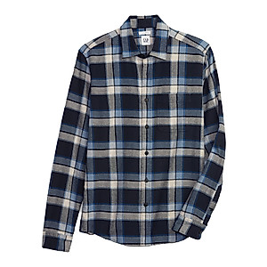 GAP Mens Untucked Flannel Button Down Shirt, Blue Windowpane Plaid, X-Large US