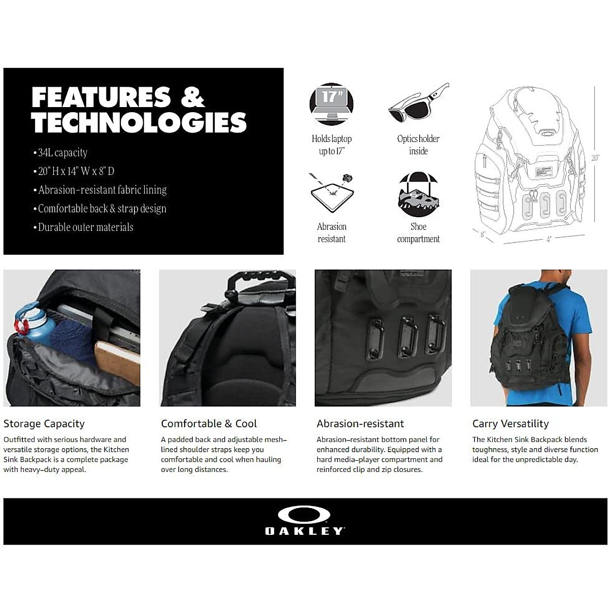 Oakley Men's 34L Kitchen Sink Black Backpack Casual Daypack for Hiking Backpacking Camping Traveling + BUNDLE with Designer iWear Collapsible Water Bottle with Carabiner