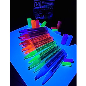 14 Pack Neon UV Fluorescent Acrylic Paint Pens, Double Pack of Both Extra Fine and Medium Tip Paint Markers, for Rock Painting, Mug, Ceramic, Glass, and More, Water Based Non-Toxic and No Odor