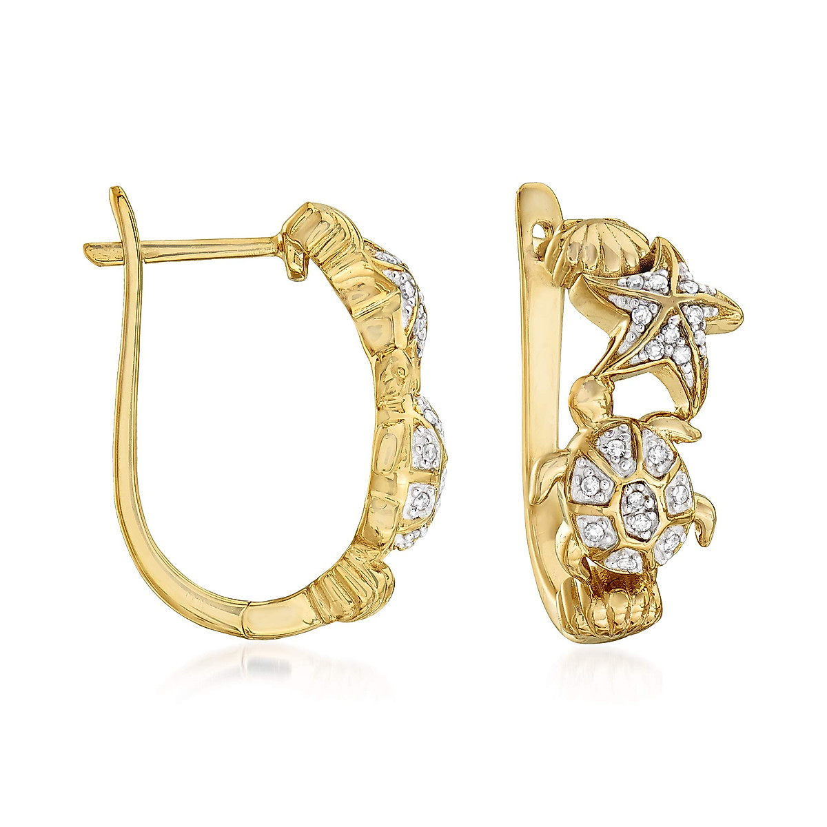 Ross-Simons 0.10 ct. t.w. Diamond Sea Life Hoop Earrings in 18kt Gold Over Sterling