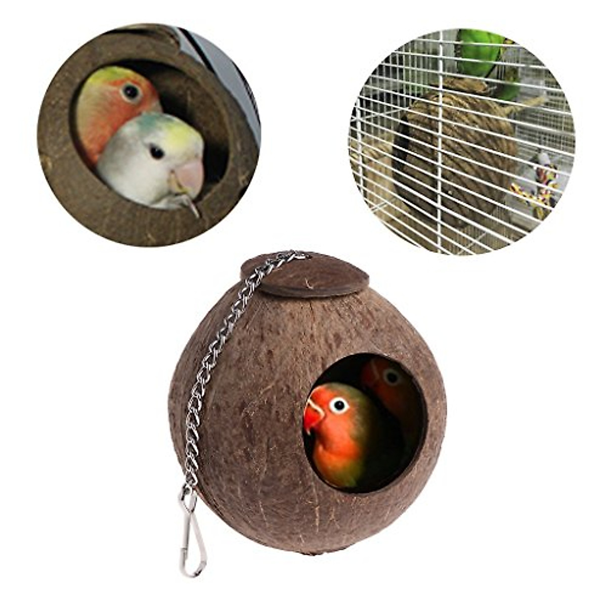 Bird Feeder Natural Coconut Shell Bird Nest with Hanging Lanyard, Birdhouse Hut Cage Feeder Toy for Pet Parrot