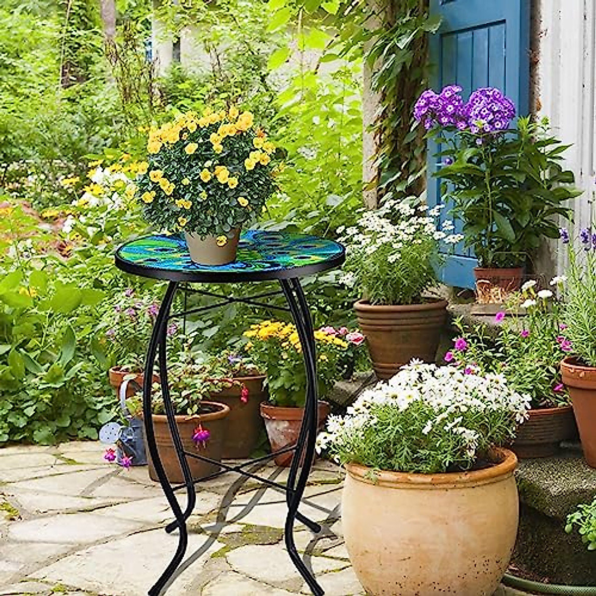 VCUTEKA Patio Side Table Plant Stands Outdoor Accent Table Small Mosaic Table Glass Top Round Balcony Coffee Table