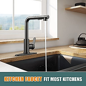Kitchen Faucets, Matte Black Faucet with Pull Down Sprayer and Deck Plate, Stainless Steel Commercial Utility Faucets for Sink 3 Hole Bar Rv Camper Laundry Outdoor Farmhouse