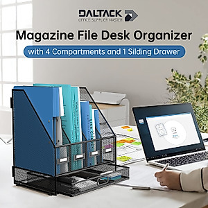 DALTACK Magazine File Holder, Desk Organizer with 4 Vertical File Holder and Drawer, Mesh File Organizer for Office Organization, Magazine Holder for Home Office School, Black