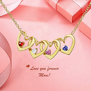 BAUMA AUTO Personalized Family Name Necklace with 1-5 Heart Charms for Mother's Day Valentine's Day Custom Mother Name Necklace with Simulated Birthstones for Women, Grandma (06 hearts)