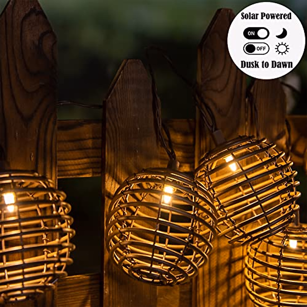 ALL FORTUNE Outdoor Solar Decorative String Lights, 10 LED Warm White Patio Umbrella Lights with Brown Wire Plastic Rattan Balls, for Patio Porch Gazebo Yard Garden Backyard Decor