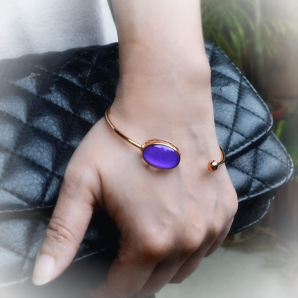 FUN JEWELS Rose Gold Mood Bracelet Oval Color Change Crystal Stone Open Cuff Wrap Stackable Bangle Gifts for Women